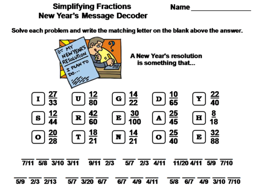 Simplifying Fractions New Year's Math Activity: Message Decoder ...