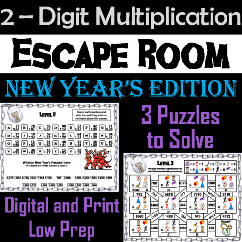 New Year's Escape Room Math: Two Digit Multiplication Game (3rd 4th 5th ...