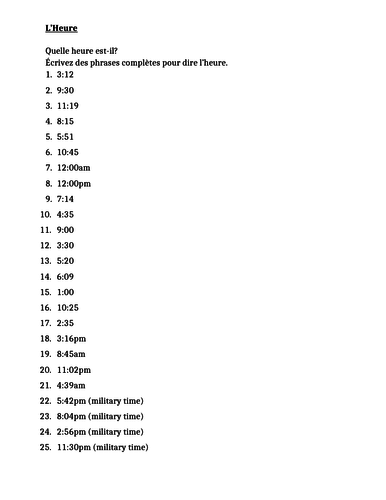 Heure (Time in French) Worksheet 1 | Teaching Resources