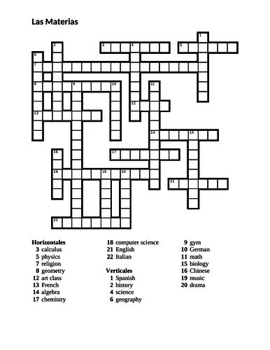 Materias (School Subjects in Spanish) Crossword | Teaching Resources