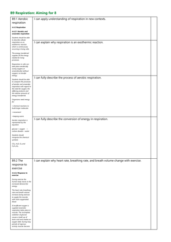 B9 Respiration Grade 8 Checklist AQA New Spec | Teaching Resources B9 Respiration Grade 8 Checklist AQA New Spec | Teaching Resources