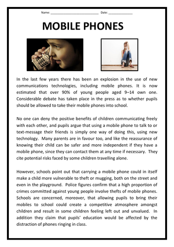 Mobile Phones - Debate, Text, Questions and Writing Task | Teaching ...