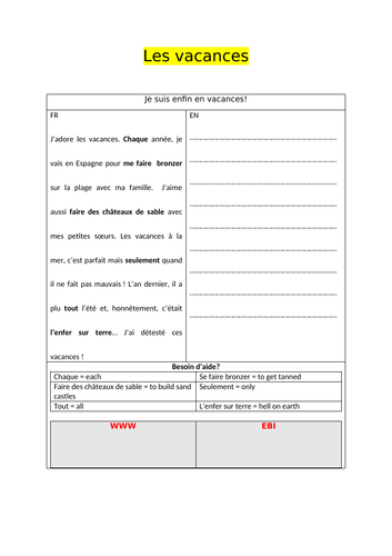 GCSE - translations - French - Holidays (writing skills) | Teaching ...