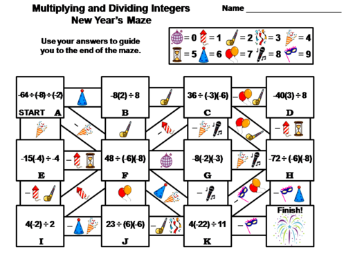 Multiplying and Dividing Integers Activity: New Year's Math Maze ...