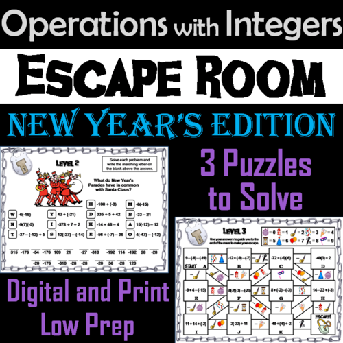 Operations with Integers Game: Escape Room New Year's Math Activity ...