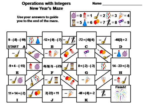 Operations with Integers Activity: New Year's Math Maze | Teaching ...
