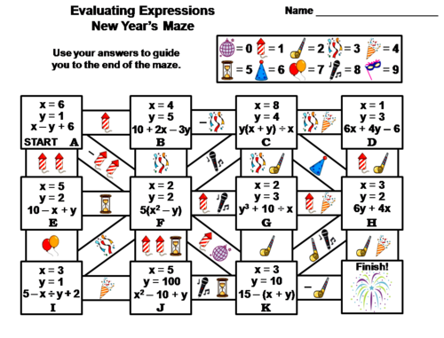Evaluating Algebraic Expressions Activity: New Year's Math Maze ...