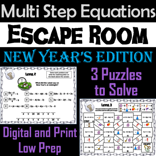 Solving Multi Step Equations Game: Escape Room New Year's Math Activity ...