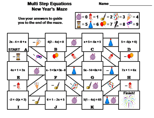 Solving Multi Step Equations Activity: New Year's Math Maze | Teaching ...