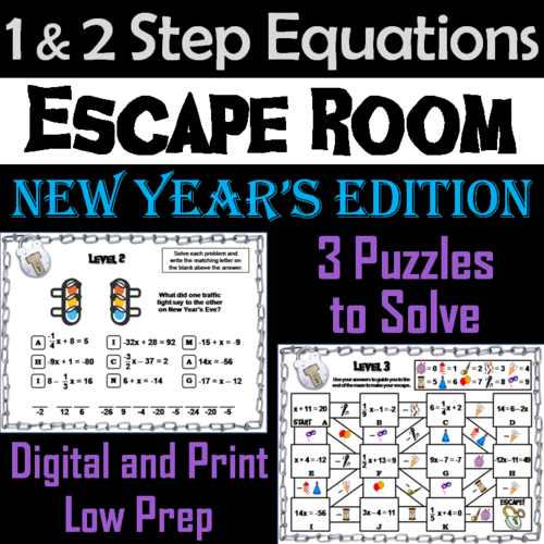 Solving One and Two Step Equations Game: Escape Room New Year's Math ...