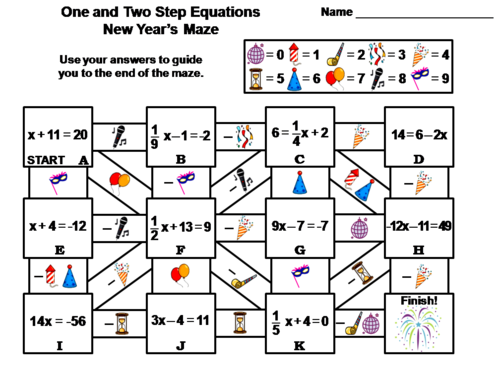 Solving One and Two Step Equations Activity: New Year's Math Maze ...