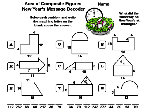 Area of Composite Figures New Year's Math Activity: Message Decoder ...