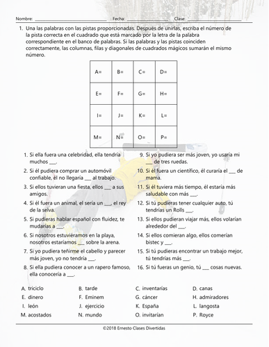 Conditional Sentences Type 2 Magic Square Spanish Worksheet | Teaching ...