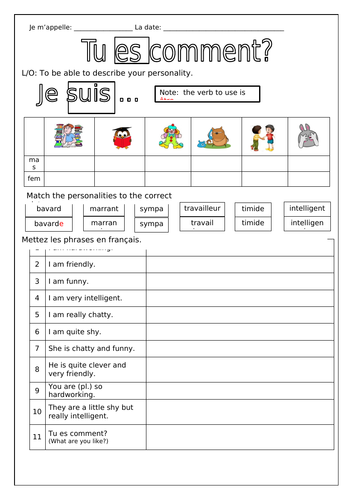 FRENCH - PERSONALITIES KS2 - WORKSHEETS | Teaching Resources