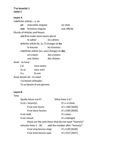 T'es branché 1 Unité 3 Study Guide | Teaching Resources