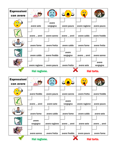 Espressioni con Avere Italian Verb Grid Vocabulary Activity | Teaching ...