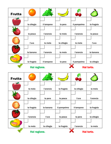 Frutta e Verdura (Fruits and Vegetables in Italian) Grid Vocabulary ...