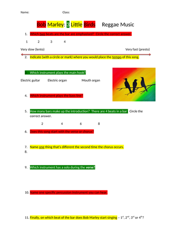 Listening Exercise - Bob Marley - Three Little Birds | Teaching Resources