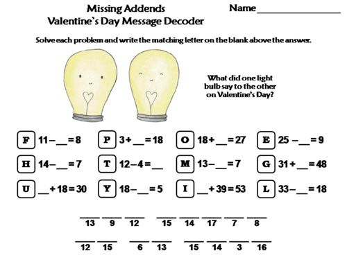 Missing Addends Valentine's Day Math Activity: Message Decoder ...
