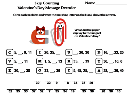 Skip Counting by 2, 3, 4, 5, 10 Valentine's Day Math Activity: Message ...