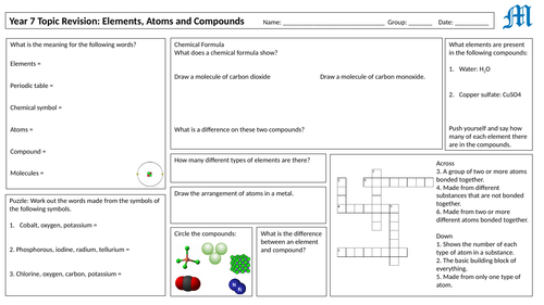 Year 7 Activate C2 Topic Revision Grid: Elements Atoms and Compounds ...