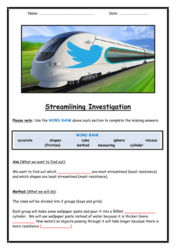 Forces Investigation - Streamlining | Teaching Resources