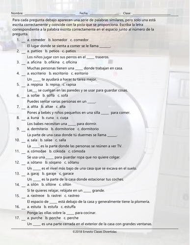 Houses, Rooms, Furniture, and Appliances Spelling Challenge Spanish ...