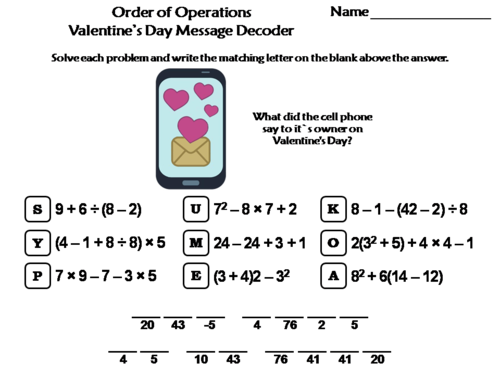 Order of Operations Valentine's Day Math Activity: Message Decoder ...