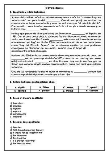 A Level Spanish el divorcio express: family structure divorce reading ...