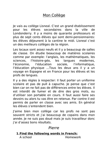 Mon collège GCSE reading and comprehension | Teaching Resources