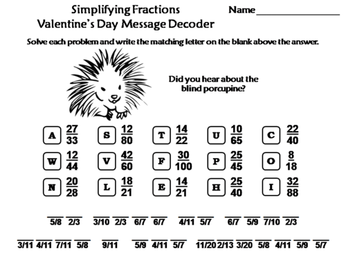 Simplifying Fractions Valentine's Day Math Activity: Message Decoder ...