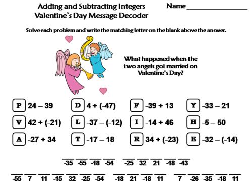 Adding and Subtracting Integers Valentine's Day Math Activity: Message ...