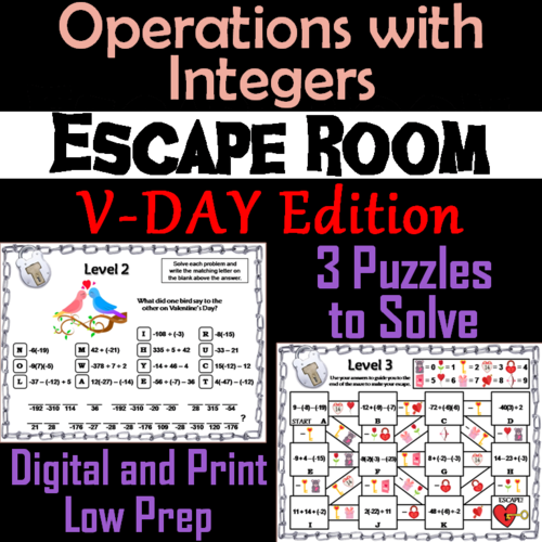 Operations with Integers Game: Escape Room Valentine's Day Math ...