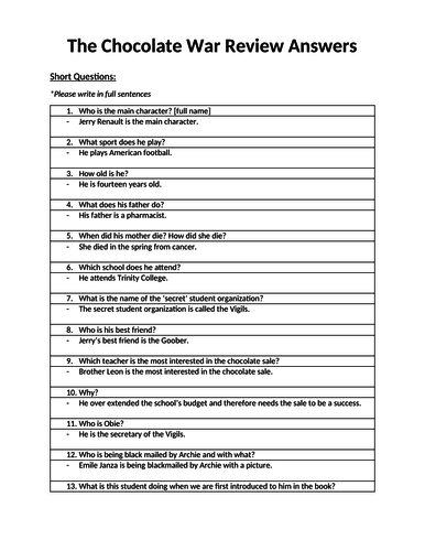 The Chocolate War Reading Activities | Teaching Resources