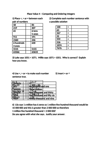 Ordering and Comparing Integers - Year 7 Maths Mastery (White Rose 2018 ...