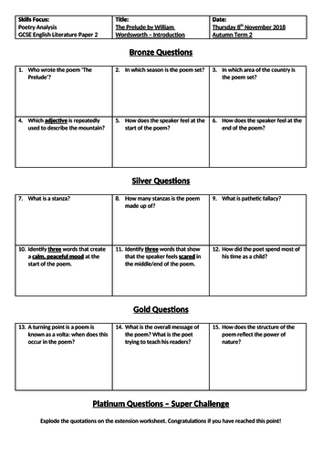 The Prelude - Bronze, Silver, and Gold Questions Quiz | Teaching Resources