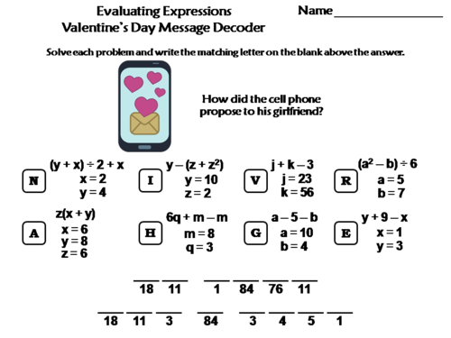 Evaluating Algebraic Expressions Valentine's Day Math Activity: Message ...