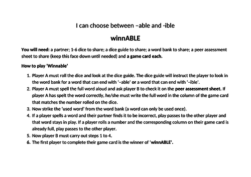 –able and -ible, two player dice game, presentation, warm-up | Teaching ...