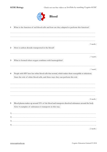 GCSE Biology (9-1) - Blood - Worksheet & Video | Teaching Resources