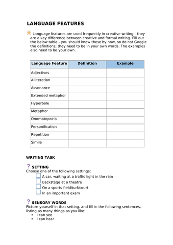 Creative Writing - language features, showing not telling, setting ...
