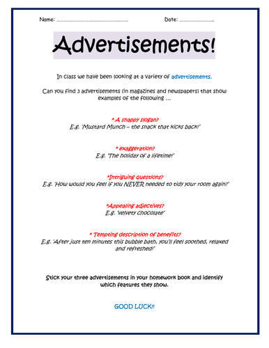 Advertisements Homework Task | Teaching Resources Advertisements Homework Task | Teaching Resources