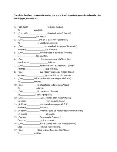 preterit imperfect worksheet | Teaching Resources