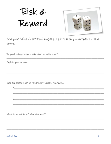 Edexcel GCSE Notes Activity - RISK AND REWARD | Teaching Resources