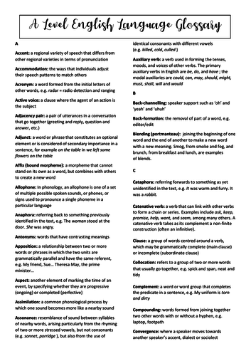 A Level English Language Glossary | Teaching Resources A Level English Language Glossary | Teaching Resources