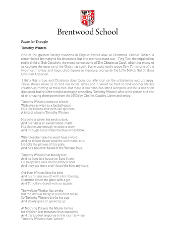 Christmas reading on thankfulness - Timothy Winters | Teaching Resources