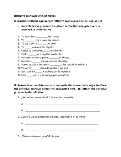 Reflexive pronouns with infinitives | Teaching Resources