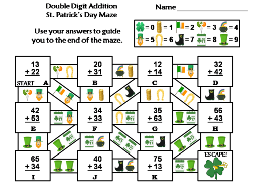 Double Digit Addition Without Regrouping St. Patrick's Day Math Maze ...