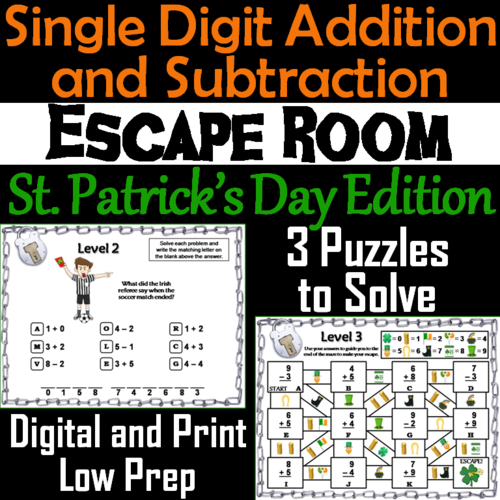 Single Digit Addition and Subtraction Game: St. Patrick's Day Escape ...