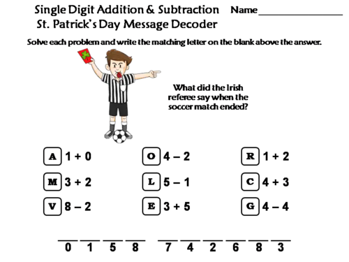 Single Digit Addition and Subtraction St. Patrick's Day Math: Message ...