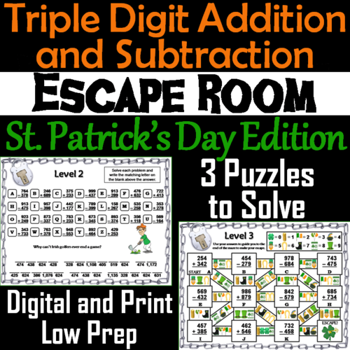 Triple Digit Addition and Subtraction Game: Escape Room St. Patrick's ...
